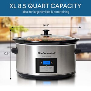 Elite Gourmet MST-900D# Digital Programmable Slow Cooker, Oval Adjustable Temp, Entrees, Sauces, Stews & Dips, Dishwasher Safe Glass Lid & Crock (8.5 Quart, Stainless Steel)