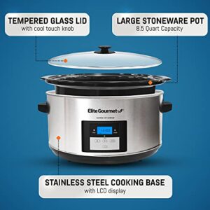 Elite Gourmet MST-900D# Digital Programmable Slow Cooker, Oval Adjustable Temp, Entrees, Sauces, Stews & Dips, Dishwasher Safe Glass Lid & Crock (8.5 Quart, Stainless Steel)