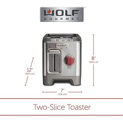 Wolf Gourmet 2-Slice Extra-Wide Slot Toaster with Shade Selector, Bagel and Defrost Settings, Red Knob, Stainless Steel (WGTR152S)