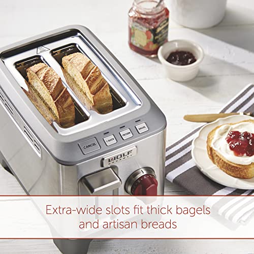 Wolf Gourmet 2-Slice Extra-Wide Slot Toaster with Shade Selector, Bagel and Defrost Settings, Red Knob, Stainless Steel (WGTR152S)