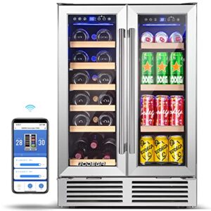 bodega wine and beverage refrigerator, 24 inch dual zone wine cooler, with smart app control and 2 safety locks,soft led light hold 19 bottles and 57 cans, built-in or freestanding