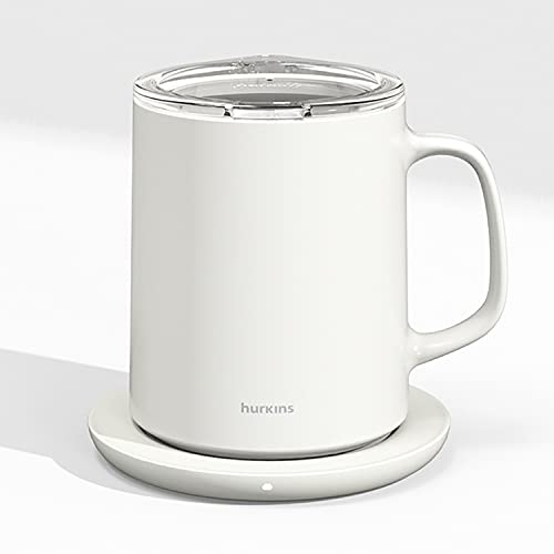 hurkins Smug, up to 149℉ Coffee Mug Warmer & Mug & pctg Lid Set, self Heated Cup with Wireless Charging Function, Office/Home for Desk. (White)