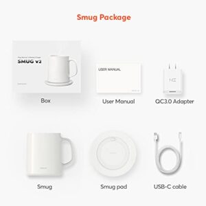 hurkins Smug, up to 149℉ Coffee Mug Warmer & Mug & pctg Lid Set, self Heated Cup with Wireless Charging Function, Office/Home for Desk. (White)