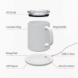 hurkins Smug, up to 149℉ Coffee Mug Warmer & Mug & pctg Lid Set, self Heated Cup with Wireless Charging Function, Office/Home for Desk. (White)