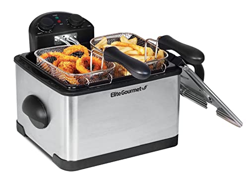 Elite Gourmet EDF-401T 1700-Watt Triple Basket, Timer Control, 17-Cup Oil Capacity, Electric Immersion Deep Fryer with Temperature Knob and Lid with View Window