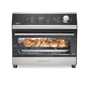 hamilton beach air fryer countertop toaster oven, includes bake, broil, and toast, fits 12” pizza, 1800 watts, 10 cooking modes + digital controls, black & stainless steel