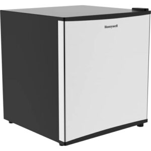 honeywell compact refrigerator 1.6 cu ft mini fridge with freezer, single door, low noise, for bedroom, office, dorm with adjustable temperature settings, stainless steel