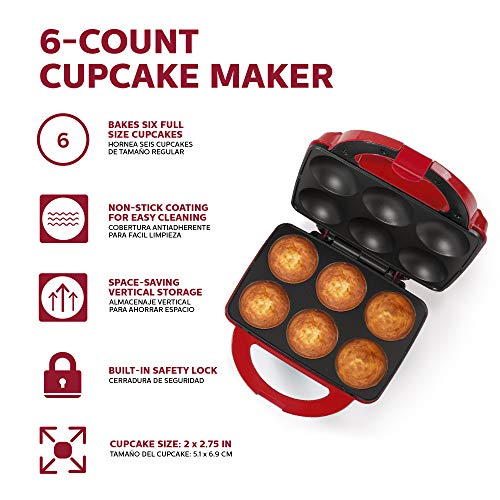 Holstein Housewares - Non-Stick Cupcake Maker, Red - Makes 6 Cup Cakes, Muffins, Cinnamon Buns, and more