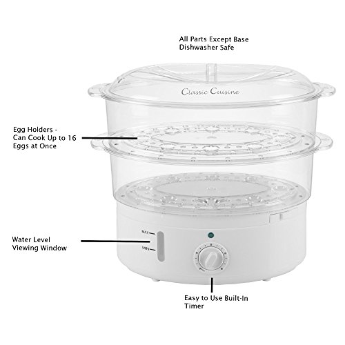 Vegetable Steamer Rice Cooker- 6.3 Quart Electric Steam Appliance with Timer for Healthy Fish, Eggs, Vegetables, Rice, Baby Food by Classic Cuisine, 11"D x 11"W x 12.25"H