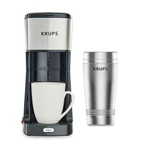 krups simply brew to go single serve drip coffee maker with travel tumbler included, 12 fluid ounces, silver and black