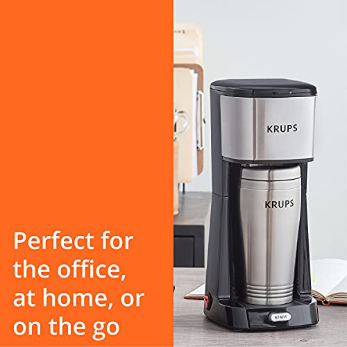 KRUPS Simply Brew to Go Single Serve Drip Coffee Maker with Travel Tumbler Included, 12 fluid ounces, Silver and Black