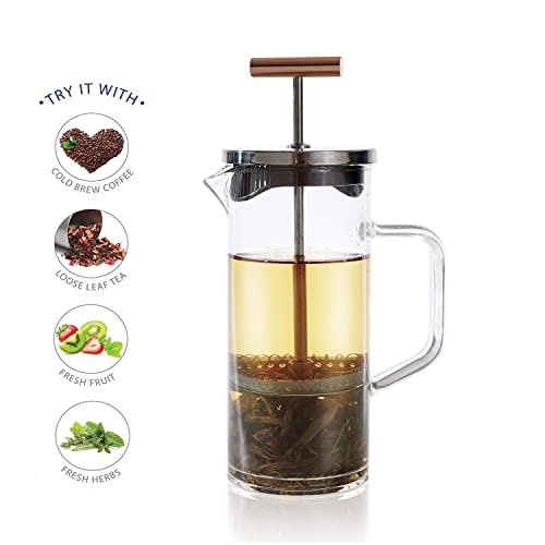 Teabloom Tea Press with Copper Pull Handle and Stainless Steel Filter – Tea Connoisseur's Choice – Pekoe Tea Maker, 12-Ounce