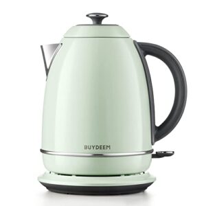 buydeem k640 stainless steel electric tea kettle with auto shut-off and boil dry protection, 1.7 liter cordless hot water boiler with swivel base, 1440w, cozy greenish