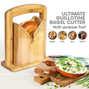 Bamboo Bagel Slicer - Guillotine Bagel Cutter with Clear Safety Shield, Non Stick Blade and Easy Grip Handle - Bread Slicer for Homemade and Commercial Buns, Muffins and Rolls (By Homeries)