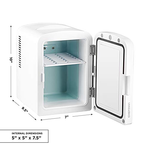 Chefman Portable Mirrored Beauty Fridge With LED Lighting 4 Liter Mini Refrigerator, Skin Care, Makeup Storage, w/Mirror & Light, Chill Serums And Face Masks, For Desktop Or Travel, Cool & Heat