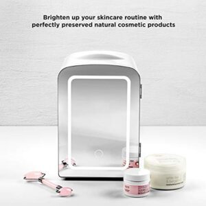 Chefman Portable Mirrored Beauty Fridge With LED Lighting 4 Liter Mini Refrigerator, Skin Care, Makeup Storage, w/Mirror & Light, Chill Serums And Face Masks, For Desktop Or Travel, Cool & Heat