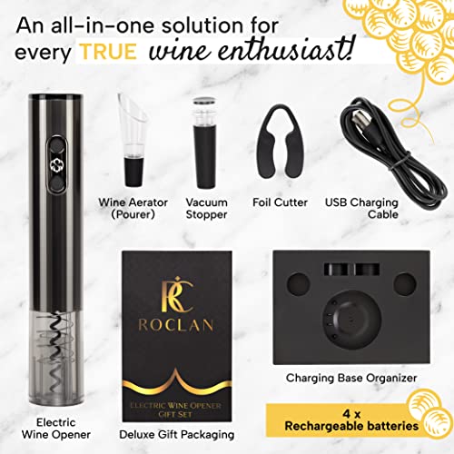 Electric Wine Opener Kit - Rechargeable, Cordless Automatic Corkscrew, Charging Base and Accessories - Gift Set for Wine Lovers - Battery Operated, Electronic Cork Remover Gadget