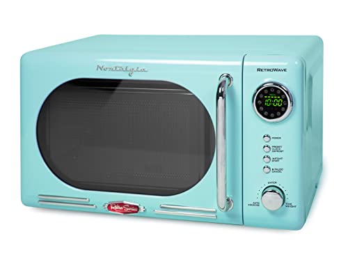 Nostalgia Retro Compact Countertop Microwave Oven, 0.7 Cu. Ft. 700-Watts with LED Digital Display, Child Lock, Easy Clean Interior, Aqua