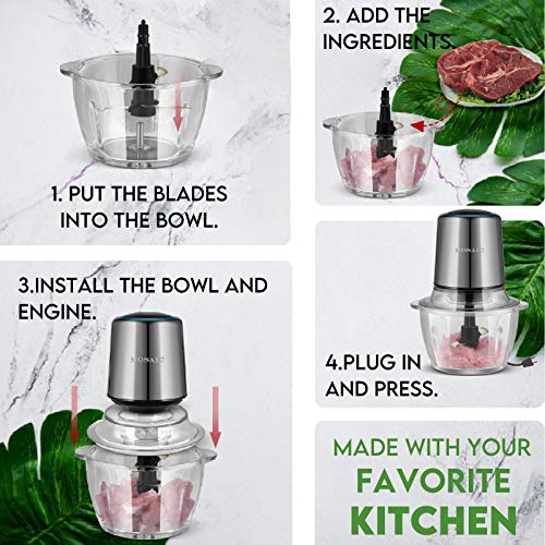 Electric Food Processor,Food Chopper with Garlic Peeler and Titanium Coating Blades, 5 Cup Glass Bowl for Vegetables Fruit Salad Onion Garlic Meat Ice Chopper