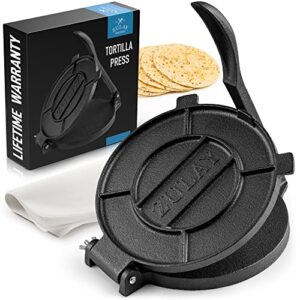 zulay cast iron tortilla press 8 inch – pre seasoned with 100 pieces parchment paper – heavy duty roti maker and flour tortilla press for quesadilla, naan, chapati, samosa, poori, saj bread, lahmacun