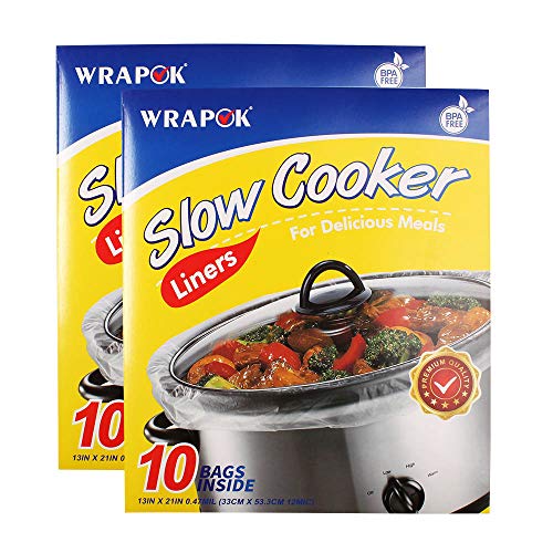 WRAPOK Slow Cooker Liners Kitchen Disposable Cooking Bags BPA Free for Oval or Round Pot, Large Size 13 x 21 Inch, Fits 3 to 8.5 Quarts - 2 Pack (20 Bags Total)