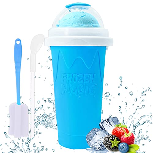 Slushy Maker Cup - Tik Tok Magic Quick Smoothie Cup, Homemade Slush and Shake Maker, Double Layer Silica Pinch Cup with Spoon & Cleaning Brush for Ice Cream Maker, Milkshake, Summer - Blue