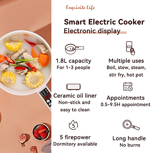 Drizzle Electric Hot Pot Cooker Steamer 1.8L - Multifunctional Non-stick Pan - Dormitory Office Portable Ramen Cooker Steamer Boil Dry Protection - Suitable For Noodles Steak Cooker Eggs Stir-Frying Pasta Oatmeal Smart Button