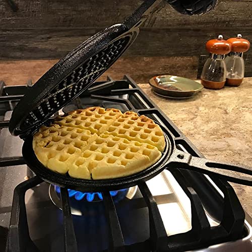 Lehman's Cast Iron Waffle Maker, Pre-Seasoned Stovetop 2 Piece Hinged Waffle Pan Makes 7" Round Waffles