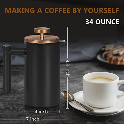 WORBIC French Press Coffee Maker, 34 Ounce Double-Wall Insulated Stainless Steel, 3 Level Filtration System with 3 Extra Filter Screens, French Press for Home and Office, Black