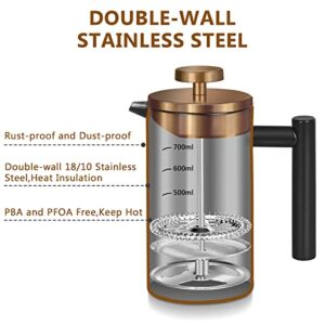 WORBIC French Press Coffee Maker, 34 Ounce Double-Wall Insulated Stainless Steel, 3 Level Filtration System with 3 Extra Filter Screens, French Press for Home and Office, Black