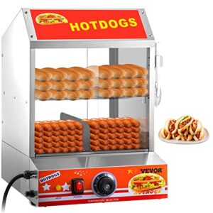 vevor hot dog steamer, 27l/24.52qt, 2-tier hut steamer for 175 hot dogs & 40 buns, electric bun warmer cooker with tempered glass slide doors partition plate food clip ptfe tape, stainless steel