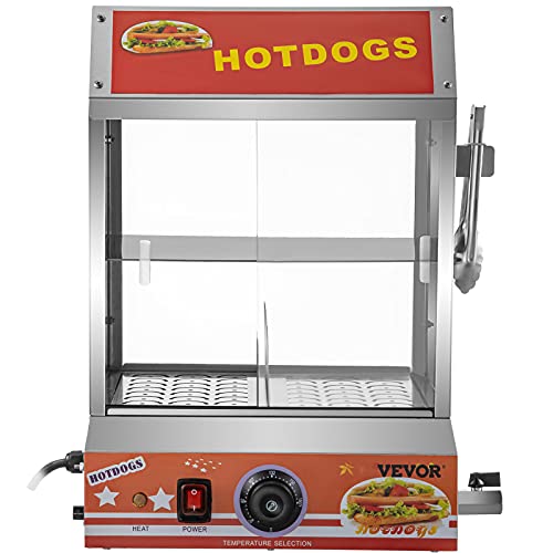 VEVOR Hot Dog Steamer, 27L/24.52Qt, 2-Tier Hut Steamer for 175 Hot Dogs & 40 Buns, Electric Bun Warmer Cooker with Tempered Glass Slide Doors Partition Plate Food Clip PTFE Tape, Stainless Steel