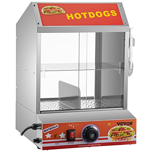 VEVOR Hot Dog Steamer, 27L/24.52Qt, 2-Tier Hut Steamer for 175 Hot Dogs & 40 Buns, Electric Bun Warmer Cooker with Tempered Glass Slide Doors Partition Plate Food Clip PTFE Tape, Stainless Steel