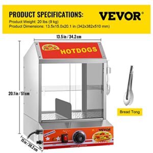 VEVOR Hot Dog Steamer, 27L/24.52Qt, 2-Tier Hut Steamer for 175 Hot Dogs & 40 Buns, Electric Bun Warmer Cooker with Tempered Glass Slide Doors Partition Plate Food Clip PTFE Tape, Stainless Steel