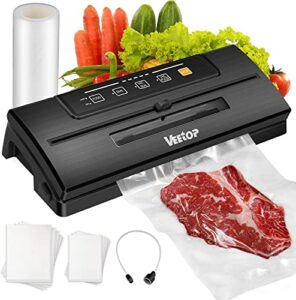 vacuum sealer machine, veetop automatic vacuum food sealer with starter kit, dry moist pulse mode food storage machine with build-in cutter, includes 1 vacuum roll (8*80”) & 10 vacuum seal bags & 1 air suction hose