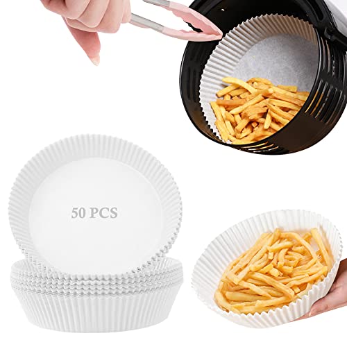 Air Fryer Disposable Paper Liner, 50 Pcs Fryer Disposable Liners, Non-stick Parchment Paper for Frying Baking Cooking Roasting and Microwave Oil-proof 6.3inch - White