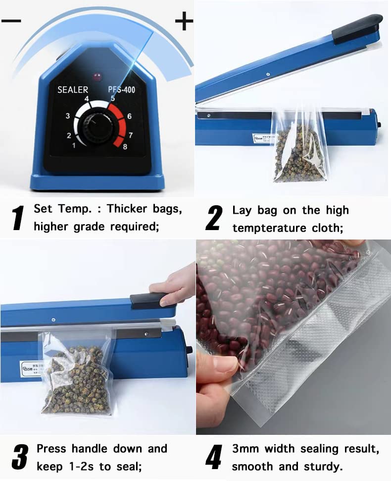 16 Inch Impulse Heat Sealer Manual Bags Sealer Sealing Machine Heating Closer for Plastic PE PP Mylar Poly Foil Bags Home Restaurant Food Storage with Extra Replace Element