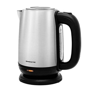 ovente electric tea kettle stainless steel 1.7 liter portable instant hot water boiler heater 1100w power fast boiling with cordless body and automatic shut off for coffee milk chocolate silver ks27s