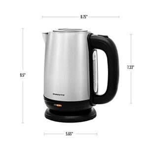 Ovente Electric Tea Kettle Stainless Steel 1.7 Liter Portable Instant Hot Water Boiler Heater 1100W Power Fast Boiling with Cordless Body and Automatic Shut Off for Coffee Milk Chocolate Silver KS27S