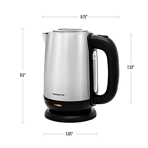 Ovente Electric Tea Kettle Stainless Steel 1.7 Liter Portable Instant Hot Water Boiler Heater 1100W Power Fast Boiling with Cordless Body and Automatic Shut Off for Coffee Milk Chocolate Silver KS27S