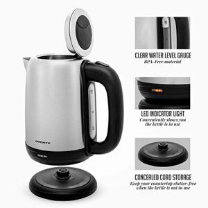 Ovente Electric Tea Kettle Stainless Steel 1.7 Liter Portable Instant Hot Water Boiler Heater 1100W Power Fast Boiling with Cordless Body and Automatic Shut Off for Coffee Milk Chocolate Silver KS27S