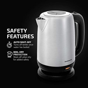 Ovente Electric Tea Kettle Stainless Steel 1.7 Liter Portable Instant Hot Water Boiler Heater 1100W Power Fast Boiling with Cordless Body and Automatic Shut Off for Coffee Milk Chocolate Silver KS27S