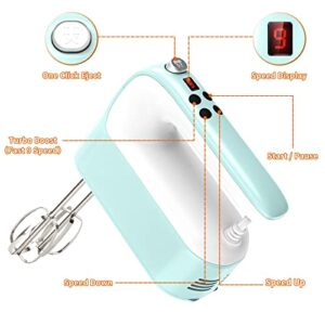 CBQ Hand Mixer Electric, 9 Speed 400W Handheld Mixer with Digital Display, Touch Button, Turbo, Snop-On Storage Case, 5 Stainless Steel Accessories, Mixer Electric Handheld for Cake, Cookie, Egg, Cream, Dough (Ice Blue + White)