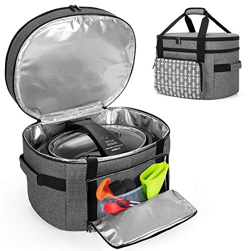 YARWO Slow Cooker Travel Bag with Bottom Board Compatible with Crock-Pot and Hamilton Beach 6-8 Quart Oval Slow Cooker, Double Layers Slow Cooker Carrier, Gray with Arrow (Bag Only, Patent Pending)