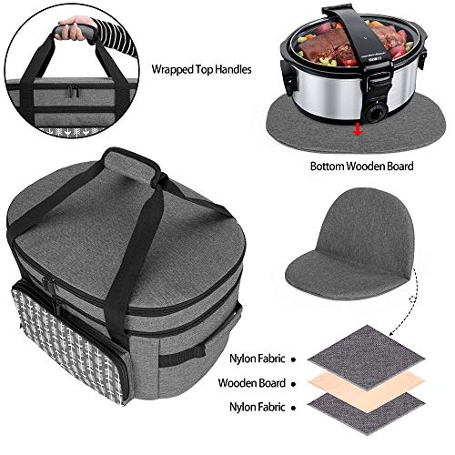 YARWO Slow Cooker Travel Bag with Bottom Board Compatible with Crock-Pot and Hamilton Beach 6-8 Quart Oval Slow Cooker, Double Layers Slow Cooker Carrier, Gray with Arrow (Bag Only, Patent Pending)