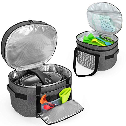 YARWO Slow Cooker Travel Bag with Bottom Board Compatible with Crock-Pot and Hamilton Beach 6-8 Quart Oval Slow Cooker, Double Layers Slow Cooker Carrier, Gray with Arrow (Bag Only, Patent Pending)