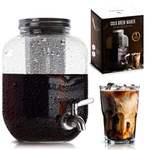 cold brew coffee maker, 1 gallon iced coffee maker, cold brew mason jar with stainless steel filter, large iced tea maker with thick shatter resistant glass, your own cold brew kit