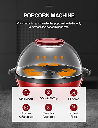 Popcorn Machine, 2 in 1 Popcorn Popper maker, 6 Quart/24 Cup, Nonstick Plate, 850W Electric Stirring with Quick-Heat Technology, Cool Touch Handles, Thicken Transparent Cover, Dishwasher Safe