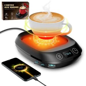 coffee mug warmer, 70w coffee cup warmer with 3-temps settings(130 ~ 170°f), auto shut off and timing function,usb coffee warmer with phone charger desk use,beverage warmer keep coffee tea milk hot