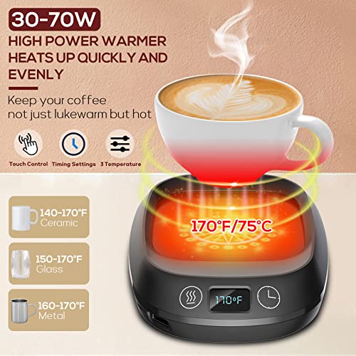 Coffee Mug Warmer, 70W Coffee Cup Warmer with 3-Temps Settings(130 ~ 170°F), Auto Shut Off and Timing Function,USB Coffee Warmer with Phone Charger Desk Use,Beverage Warmer Keep Coffee Tea Milk Hot